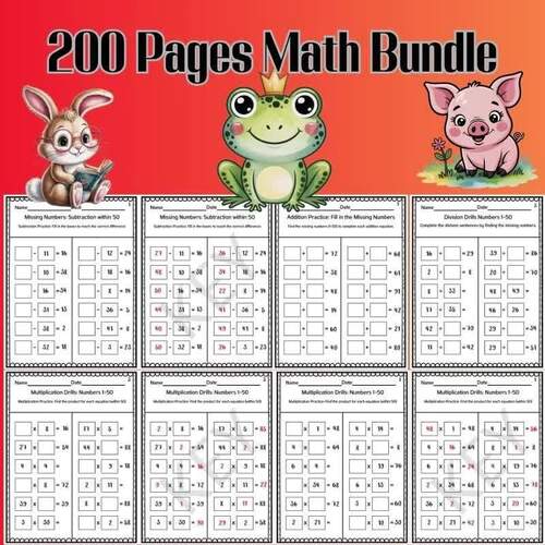 200 Pages Math Bundle: Addition Subtraction Multiplication Division ...