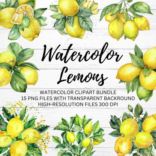 Watercolor Lemon Clipart PNG files, Watercolor Clip Art Printable