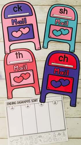 Valentine Themed Ending Digraphs - CH, SH, TH, CK Feed Me Activities