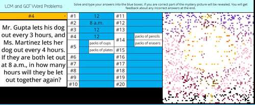 Least Common Multiple and Greatest Common Factor Word Problems Pixel Art
