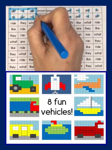Transportation Color by Sight Word Preprimer Primer First Grade Worksheets