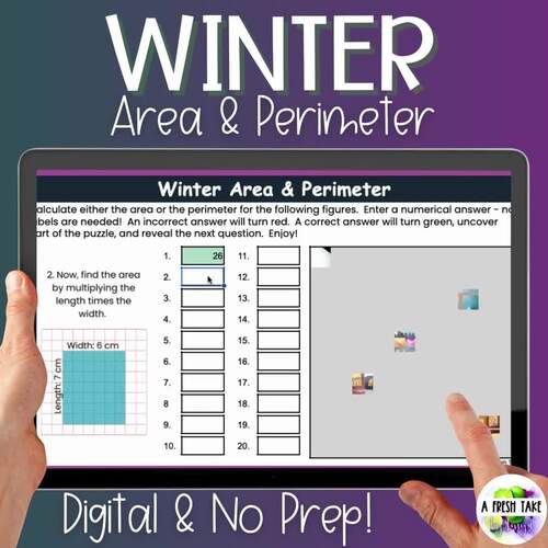 Winter Pixel Art Math Area & Perimeter Grade 4 Google Sheets Self Checking