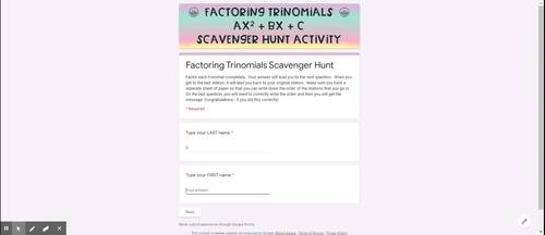 Factoring Trinomials Digital Scavenger Hunt Activity for Algebra