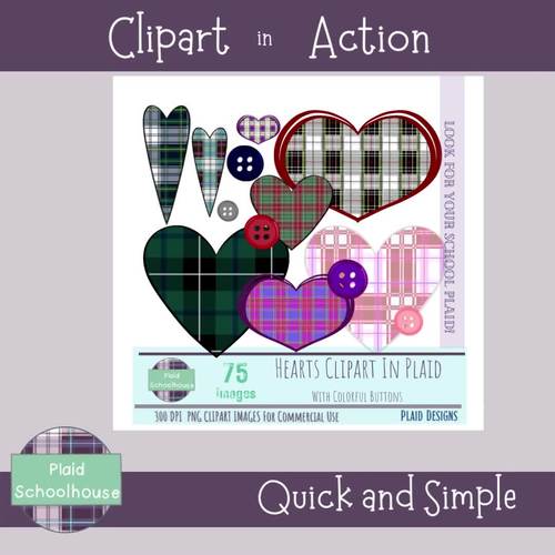 Hearts Clipart in Plaid with Colorful Buttons by Plaid Schoolhouse