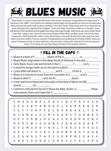 Blues Music Unit Workbook | Noprep, printable worksheet handout, easy ...