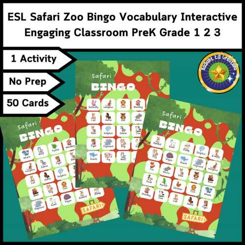 Safari Zoo Bingo Vocabulary ELA ESL English Game Logic Puzzle Sight ...