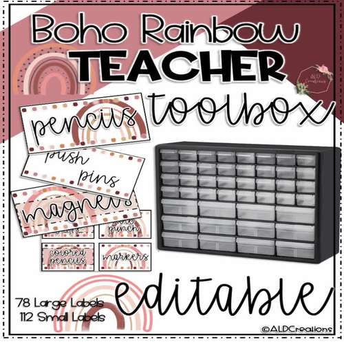 Boho Pink Rainbow Teacher Toolbox Labels (Editable) by ALD Creations