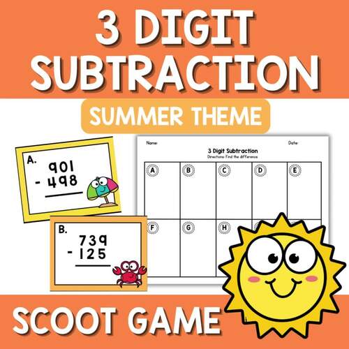 Summer 3 Digit Subtraction Scoot Game Task Cards 2nd Grade Math Center 2nd