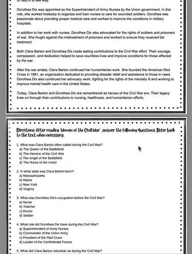 Women of the Civil War Reading Passage with Comprehension and Essay ...
