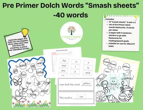 Pre-Primer Dolch words Flashcards "Smash sheets" set | TPT