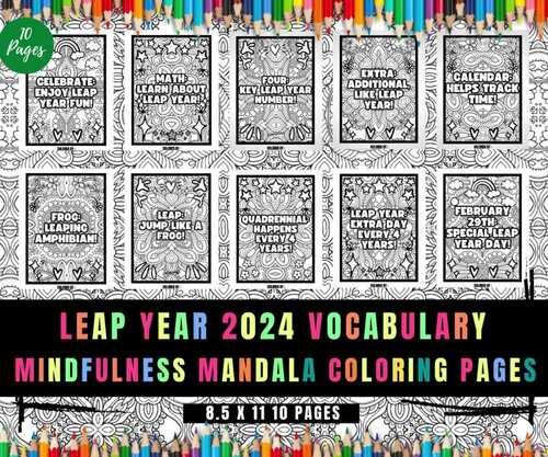 Leap Year 2024 Vocabulary Mindfulness Relaxing Coloring Pages, No Prep