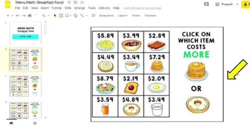 Life Skills - Menu Math - Money - Budget - Dollar Up - GOOGLE - Unit 3