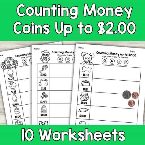 Counting Money Coins Up to $2.00 | 2nd Grade Math Bundle of Worksheets