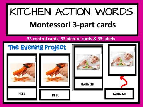 KITCHEN ACTION WORDS Montessori 3-part cards with real photographs