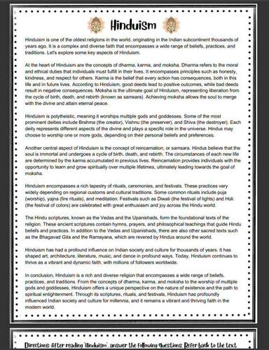 Hinduism Reading Comprehension Worksheet with Writing Task by A Dads ...