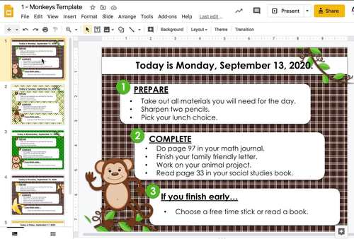 Editable Morning Work Google Slides PowerPoint Templates | Monkeys