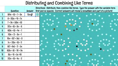 Distributive Property and Like Terms Digital Activity Pixel Art | TPT