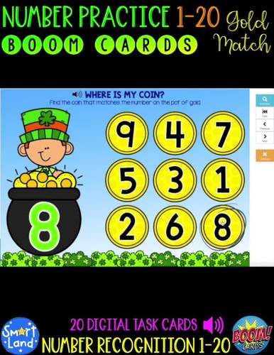 Number Recognition Practice 1-20_Gold Match_Boom Cards™ | TPT