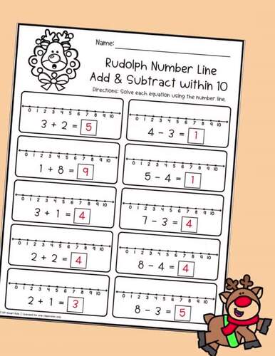 Rudolph Number Line Add & Subtract Within 10 | Christmas Math Worksheets