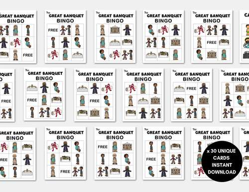 Great Banquet Bible Story Bingo Game with 30 Bingo Cards for Sunday School