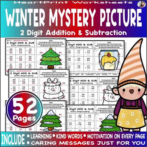 2 Digit Addition & Subtracttion with regrouping |Winter Mystery picture ...