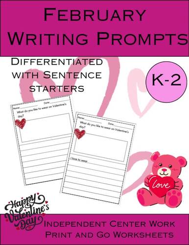 Kindergarten First Grade February Writing Center Valentines Day worksheets