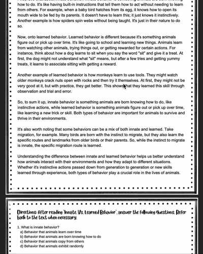 Innate Vs. Learned Behavior Reading Passage with Questions by A Dads ...