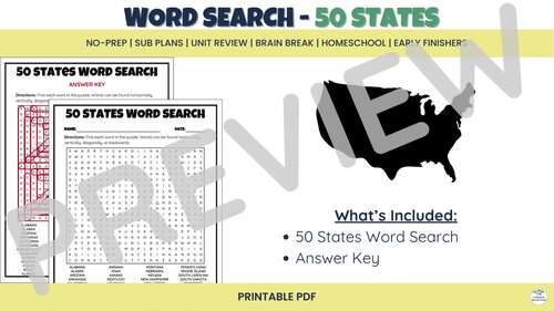 United States Word Search Puzzle All 50 States Social Studies Worksheet ...