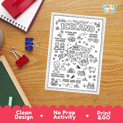 Iceland Country Study | World Geography Coloring Page | Doodle Poster A4