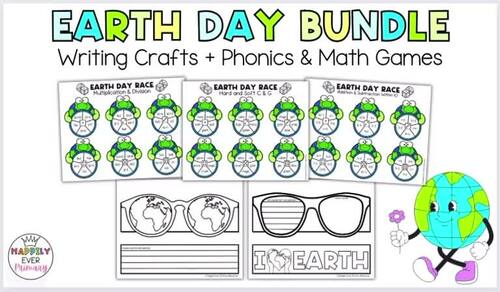 Earth Day Activities Bundle | Phonics and Math Games | Writing Craft Crown