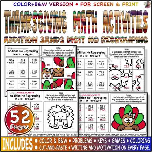 Addition 3+3, 3 and 3 Digit without regrouping | Thanksgiving Math ...