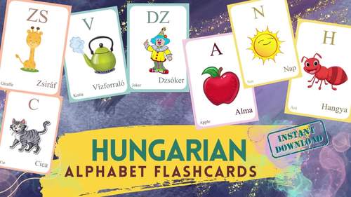 HUNGARIAN Alphabet FLASHCARD with picture, Learning Hungarian, Hungarian