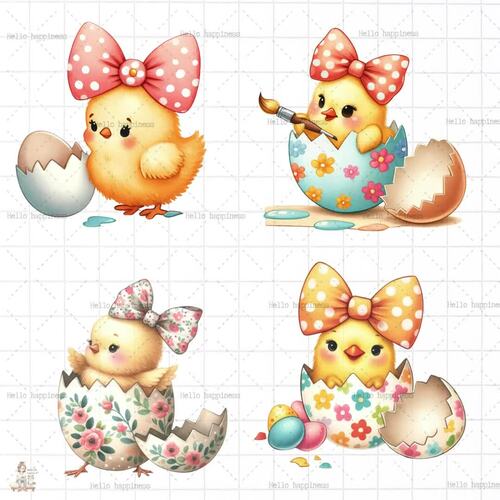 A cute cartoon baby chicken wearing a pink bow is sitting in a broken ...