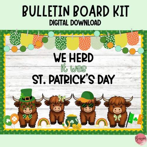 St. Patrick's Day Bulletin Board Kit March Classroom Decor Highland Cow ...