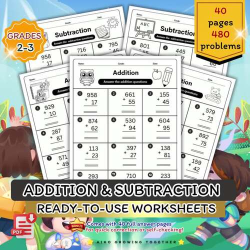 Back to School Math Bundle 3 Digit Addition & Subtraction Worksheets Gr2-3