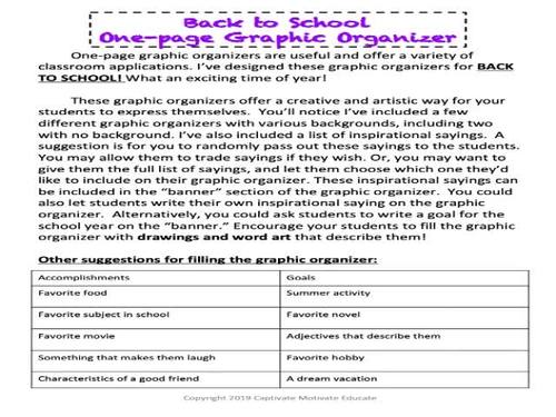 BACK TO SCHOOL one-page graphic organizers, inspirational quotes