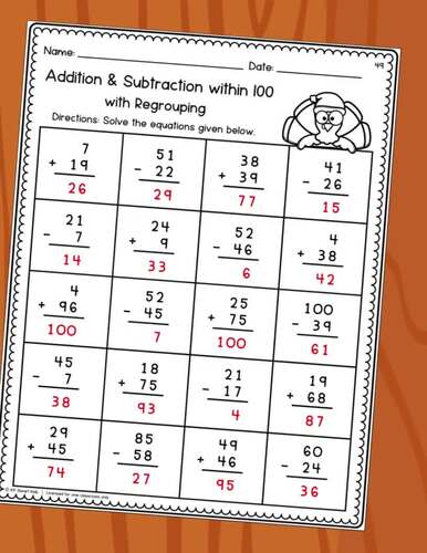 Thanksgiving Turkey Math | Add & Subtract Within 100 |With Regrouping ...