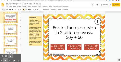 Equivalent Expressions Digital Task Cards and Quiz by Cognitive Cardio Math