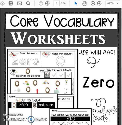 Core Vocabulary Worksheets: ZERO for Reading, Phonics, AAC, and Speech ...