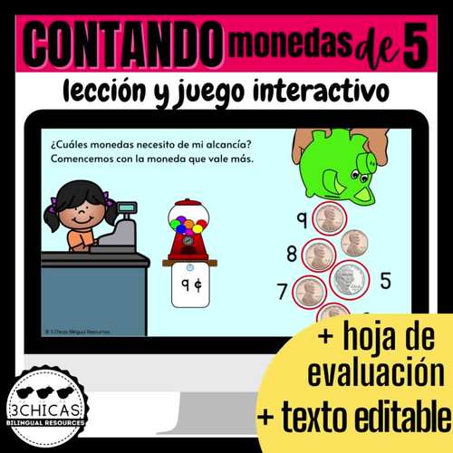 Spanish Counting Coins Nickels Digital Game Contando Monedas de 5 Editable