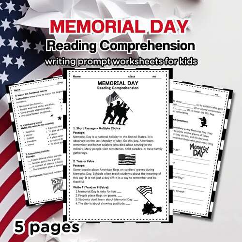 Memorial Day Reading Comprehension Worksheet for 3rd-5th Grade, History ...