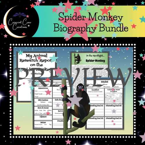 Spider Monkey Animal Bio | Color Sheet, Fact Sheet, and Graphic Organizers