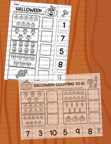 Halloween Count Cut and Paste Worksheets No Prep Matching Numbers 1-10 ...