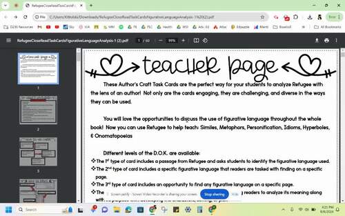 Refugee Alan Gratz Activities - Figurative Language Discussion Task Cards