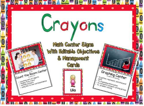 Crayon Theme | Math Center Signs With Editable Objectives | Center Posters