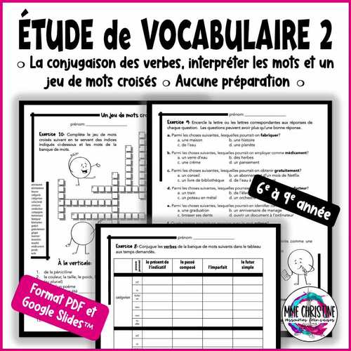 Étude de vocabulaire 2 I Exercices pour l'étude de mots I French Vocabulary