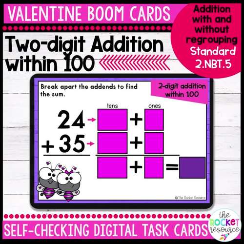 2 Digit Valentines Addition with and without regrouping BOOM™ Cards | 2 ...