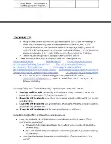 En Ville - French Community Anticipation Guide/Pre-Unit Cultural Intro