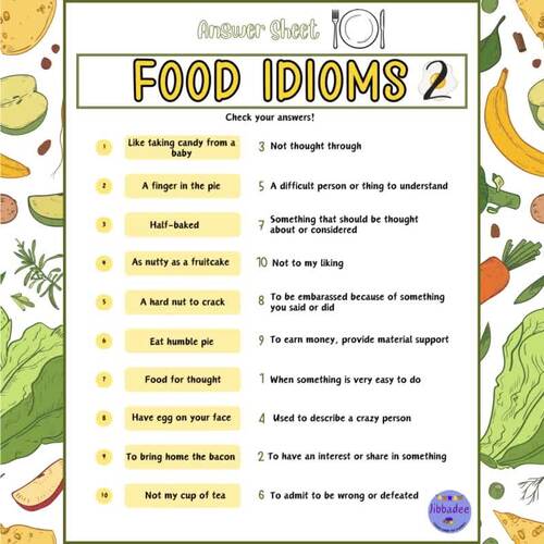 Idioms worksheets & memory game (Food 2) ELA, 4th-12th grades, ESL/EFL