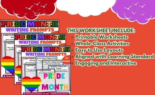 Writing Prompts Activities For Pride Month, 4th 5th 6th 7th 8th 9th Grade